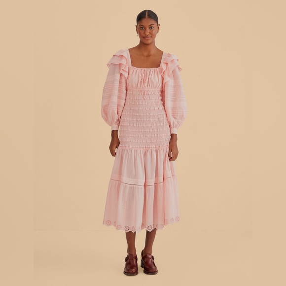 FARM Rio | Dresses | Farm Rio Light Pink Long Sleeve Smocked Midi Dress ...